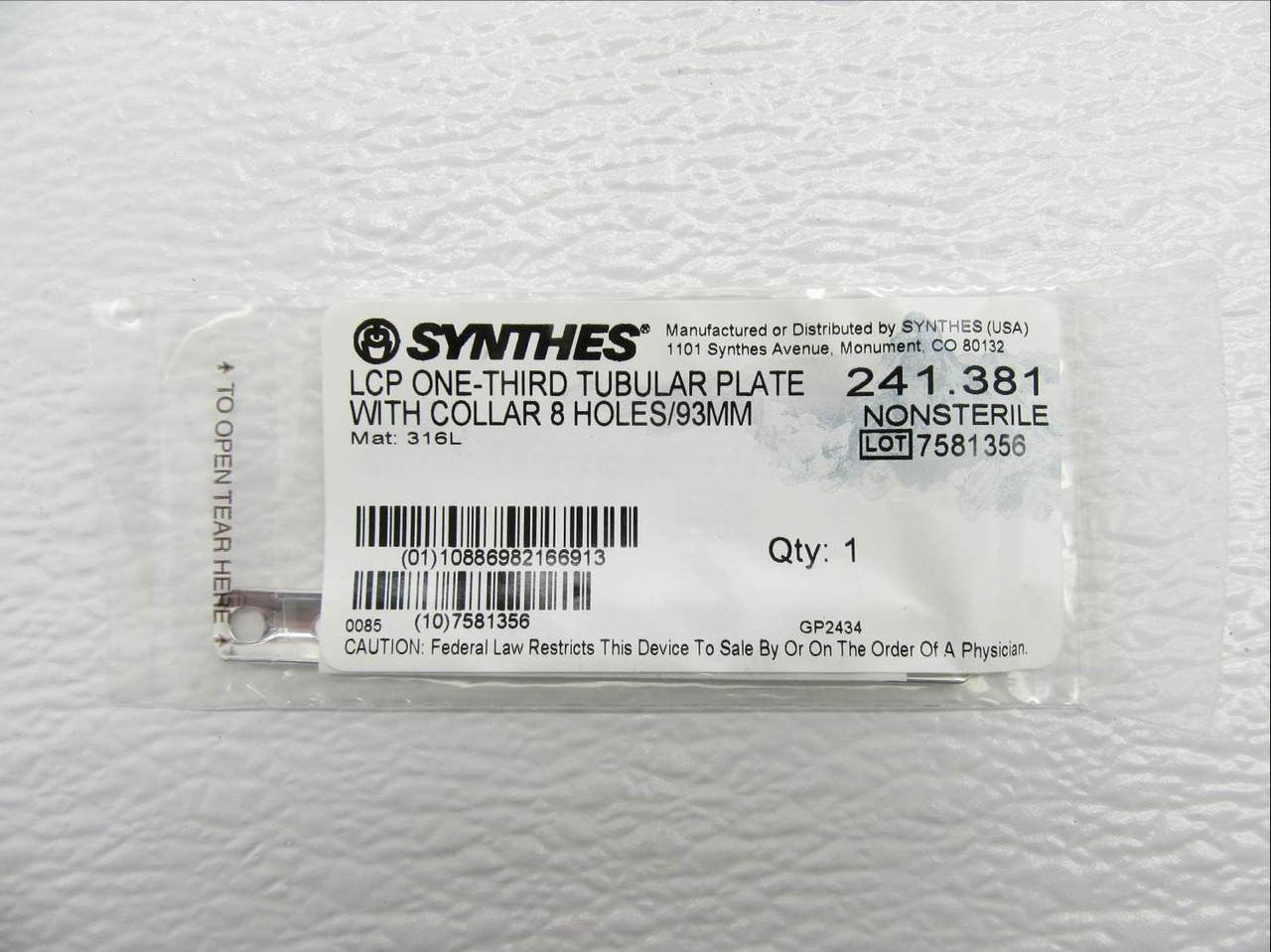 Synthes LCP One Third Tubular Plate W/Collar-241.381