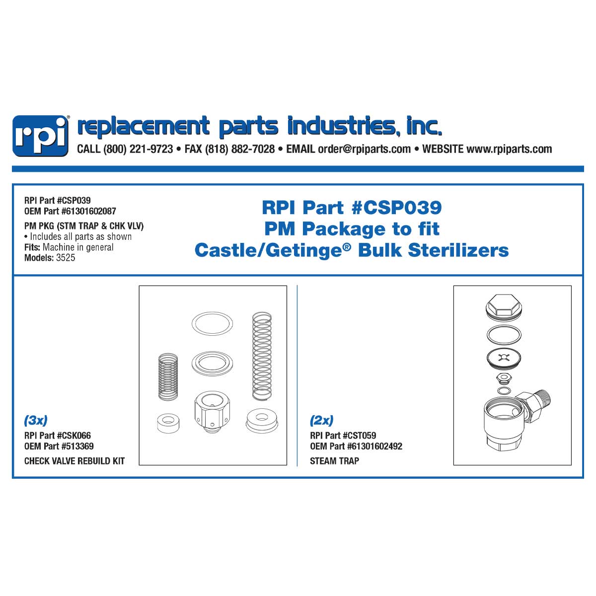 PM PKG Getinge/Castle Sterilizer Part: 61301602087/CSP039